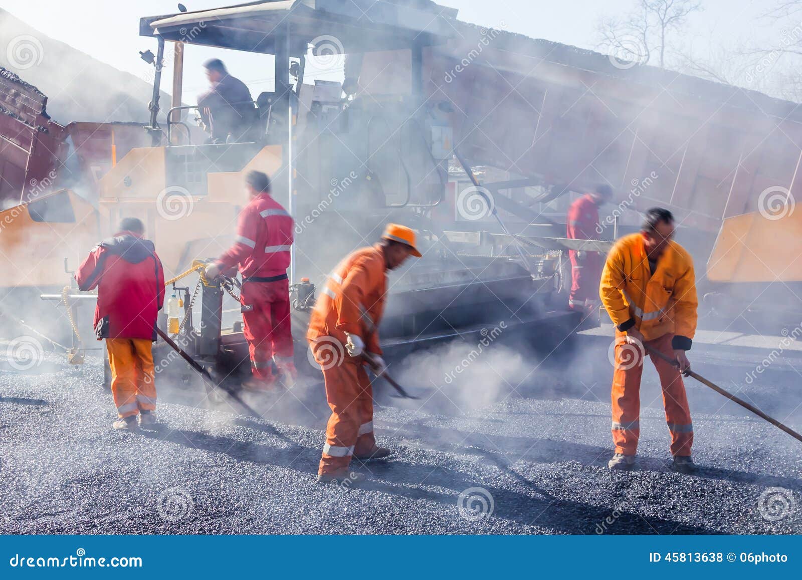 Workers Making Asphalt with Shovels at Road Stock Photo - Image of ...