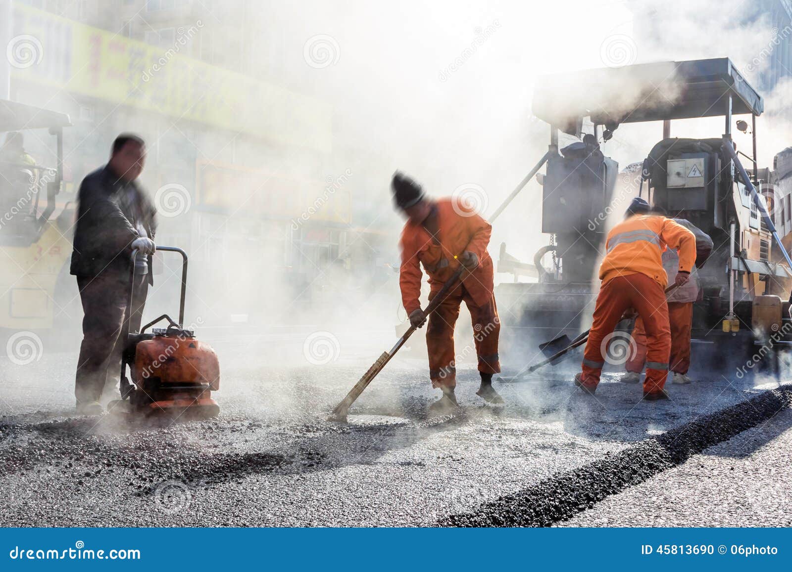Workers Making Asphalt with Shovels at Road Stock Photo - Image of ...