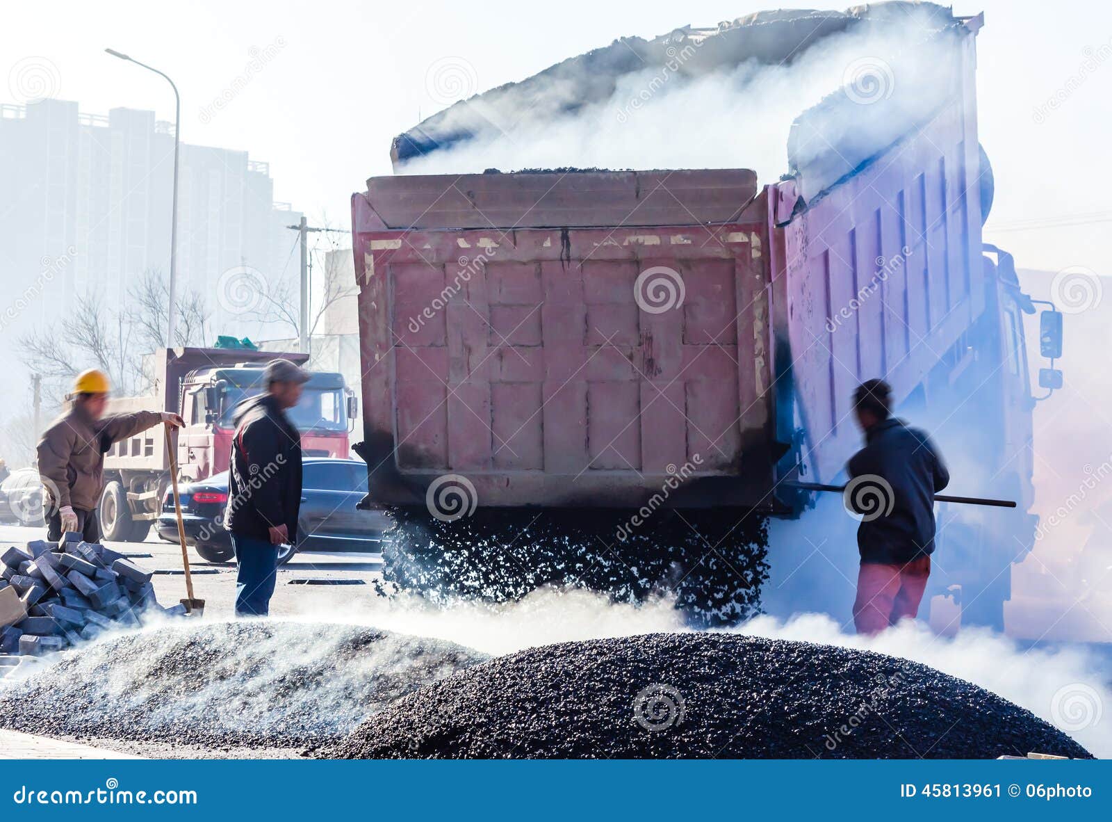 Workers Making Asphalt with Shovels at Road Stock Image - Image of road ...