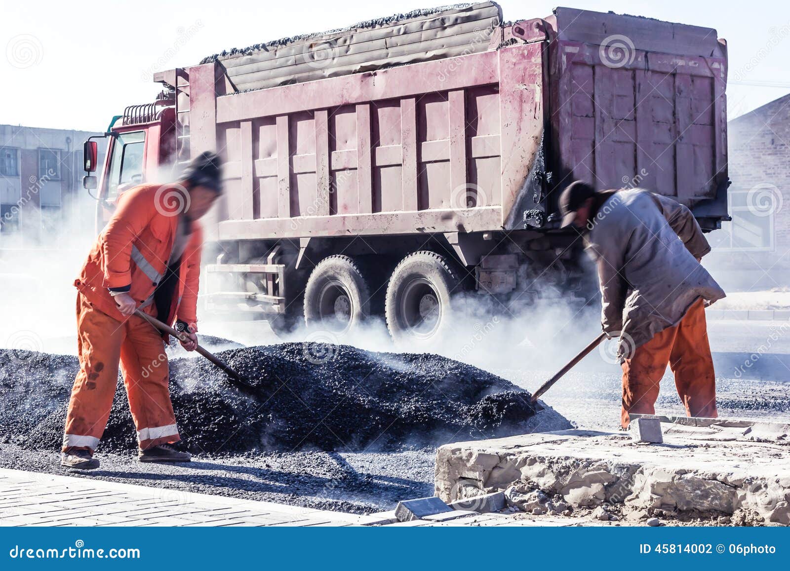 Workers Making Asphalt with Shovels at Road Stock Photo - Image of ...