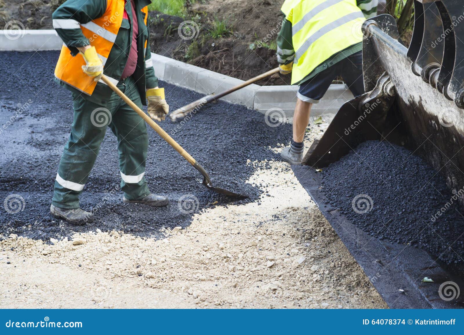 Workers Making Asphalt with Shovels at Road Construction Stock Photo ...