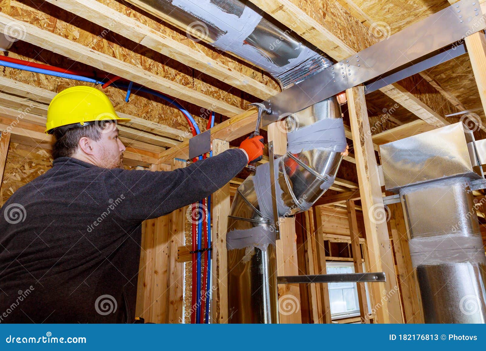 9Workers Making Final Air Duct Conditioning HVAC System Stands for ...