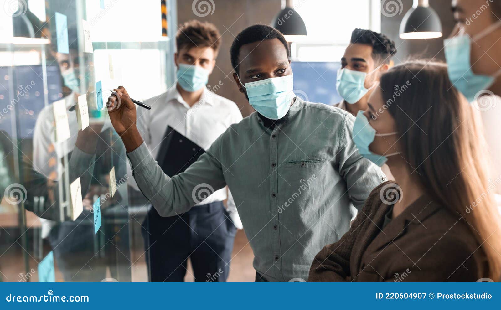 Workers in Masks Having Meeting Using Sticky Post-it Notes Stock Image ...