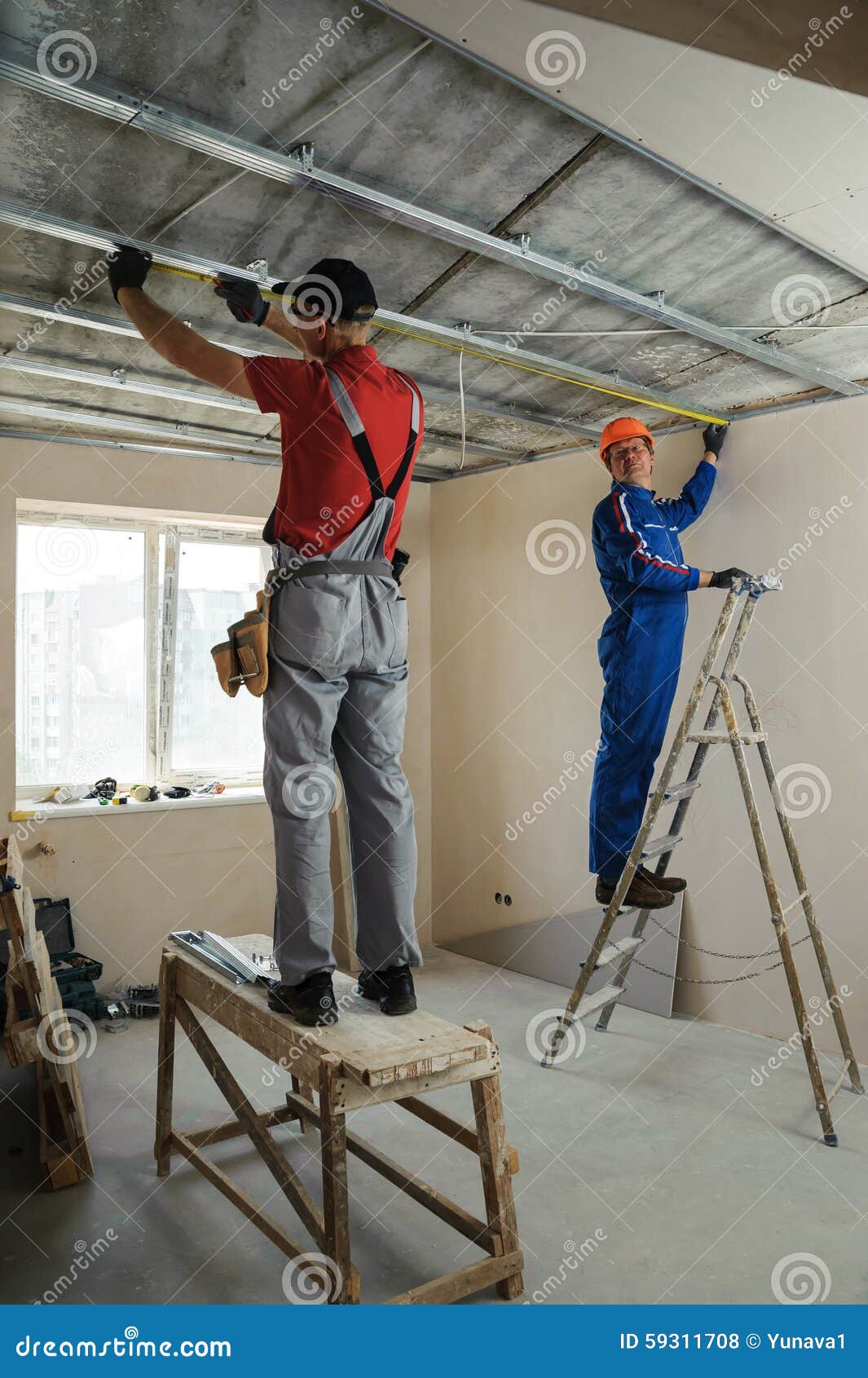 Workers Measure Metal Frame Stock Photo - Image of home, tape: 59311708