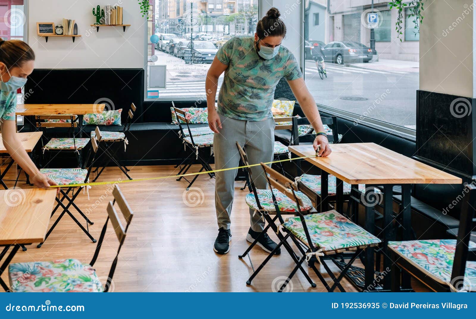 Workers Measuring Social Distance between Tables Stock Image - Image of ...