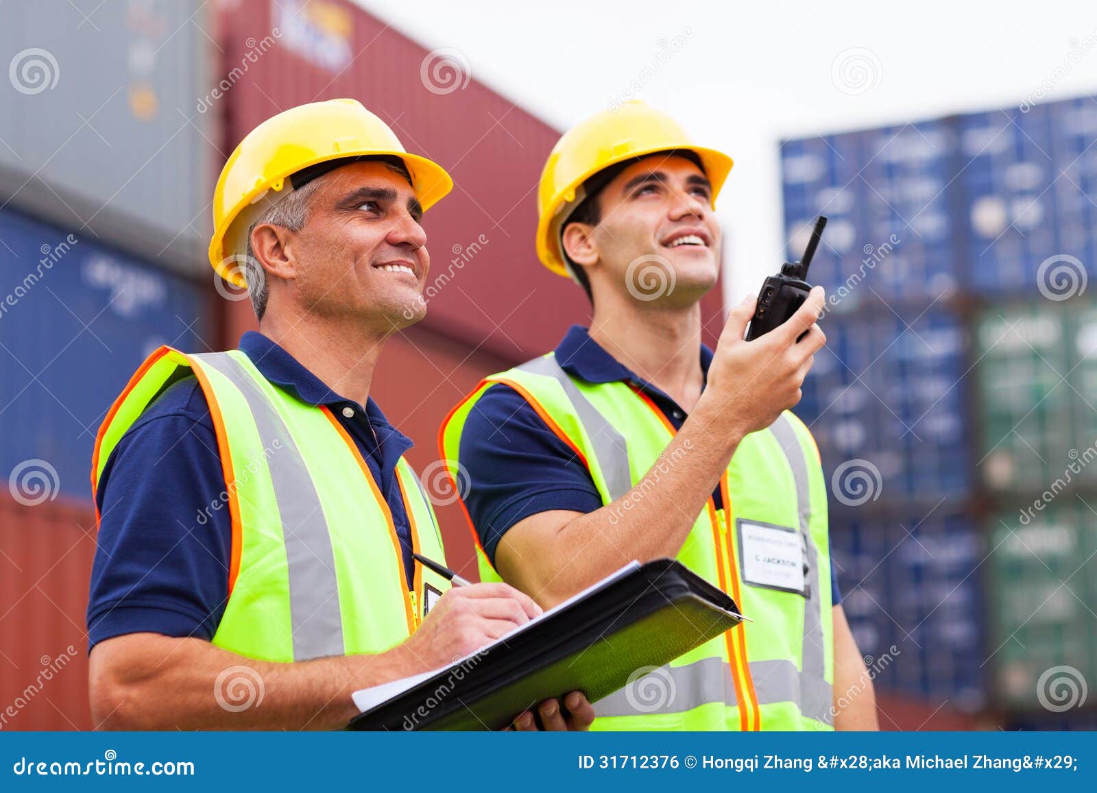 Workers Monitoring Containers Stock Photo - Image of reflective ...
