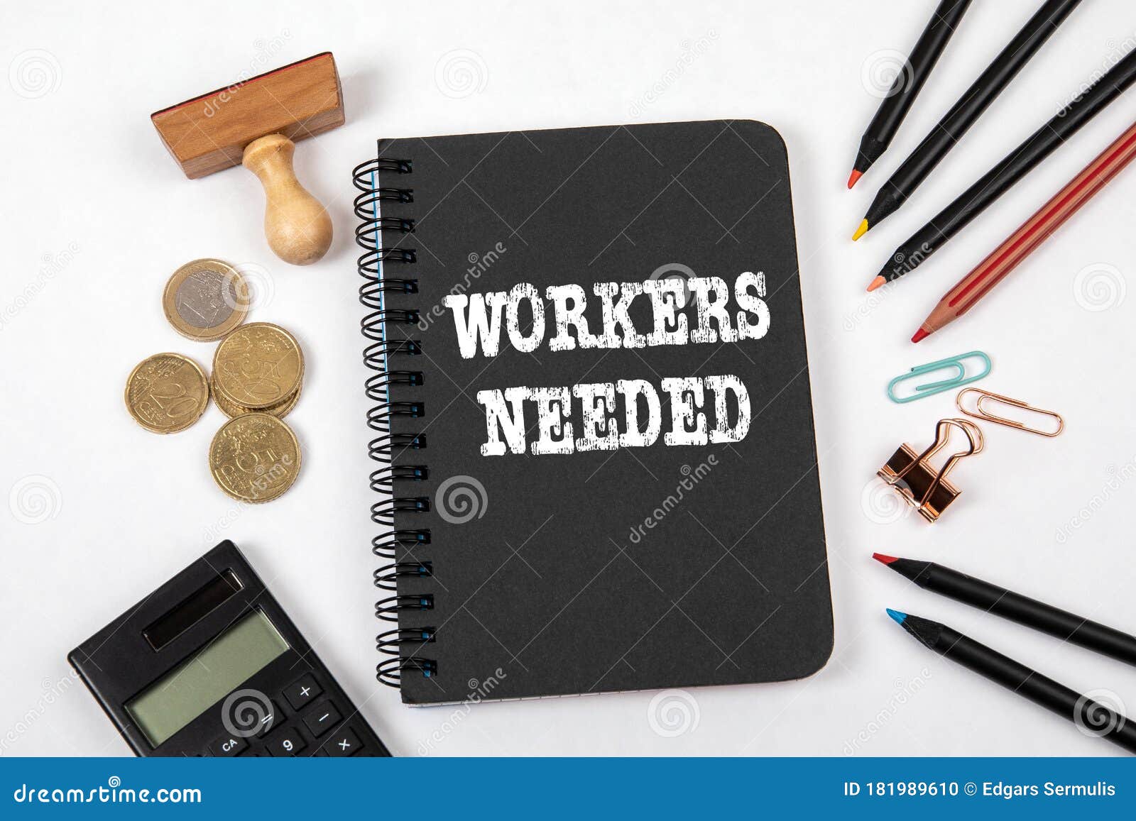 WORKERS NEEDED Concept. Black Notebook and Office Supplies Stock Photo ...
