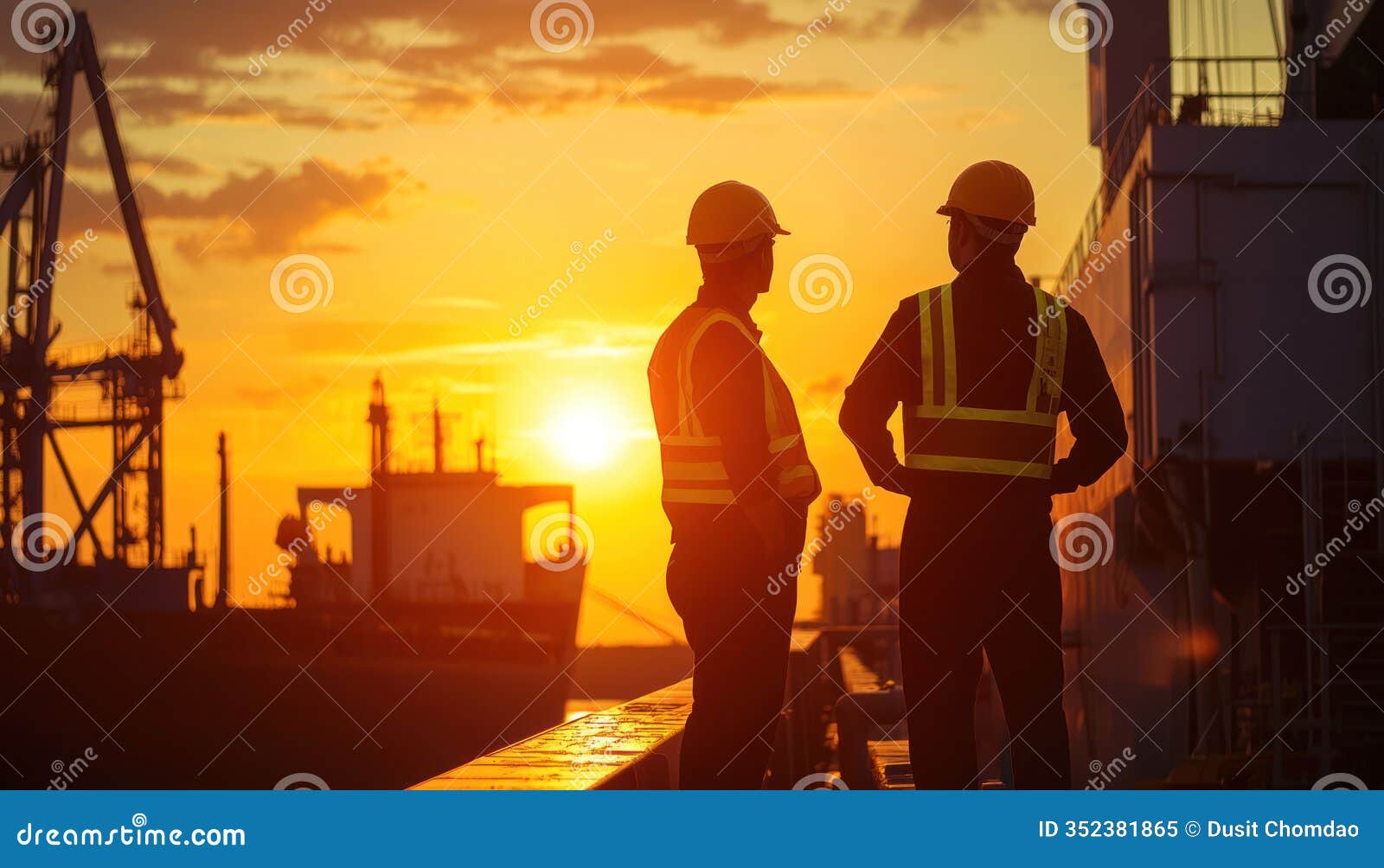 Workers Observing Ship at Sunset, Showcasing Teamwork and Industry ...