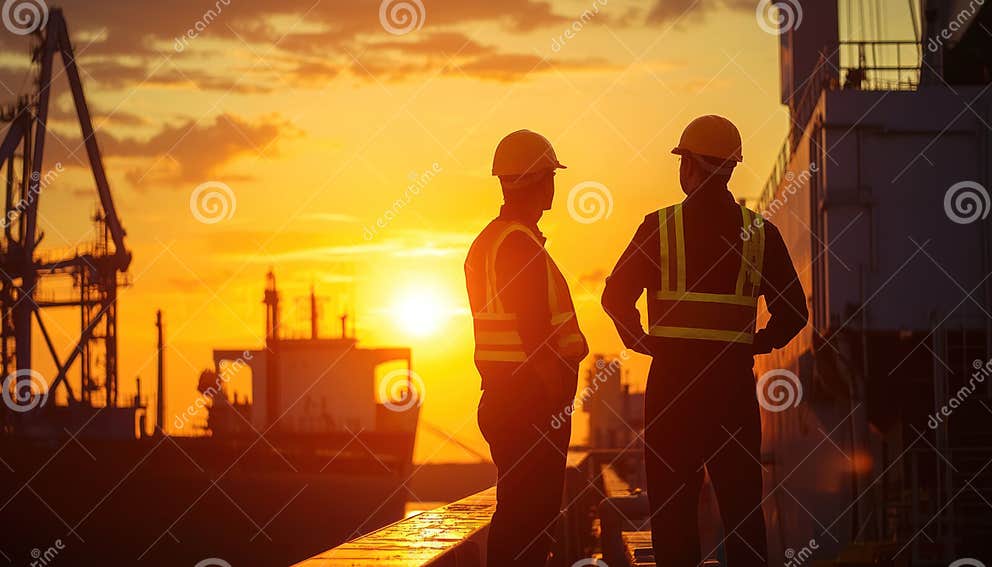 Workers Observing Ship at Sunset, Showcasing Teamwork and Industry ...