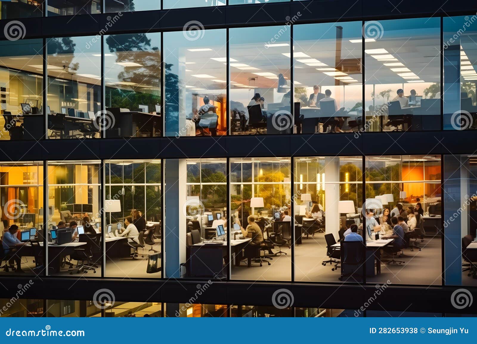 Workers in an Office Building Working in the Evening Stock Illustration ...
