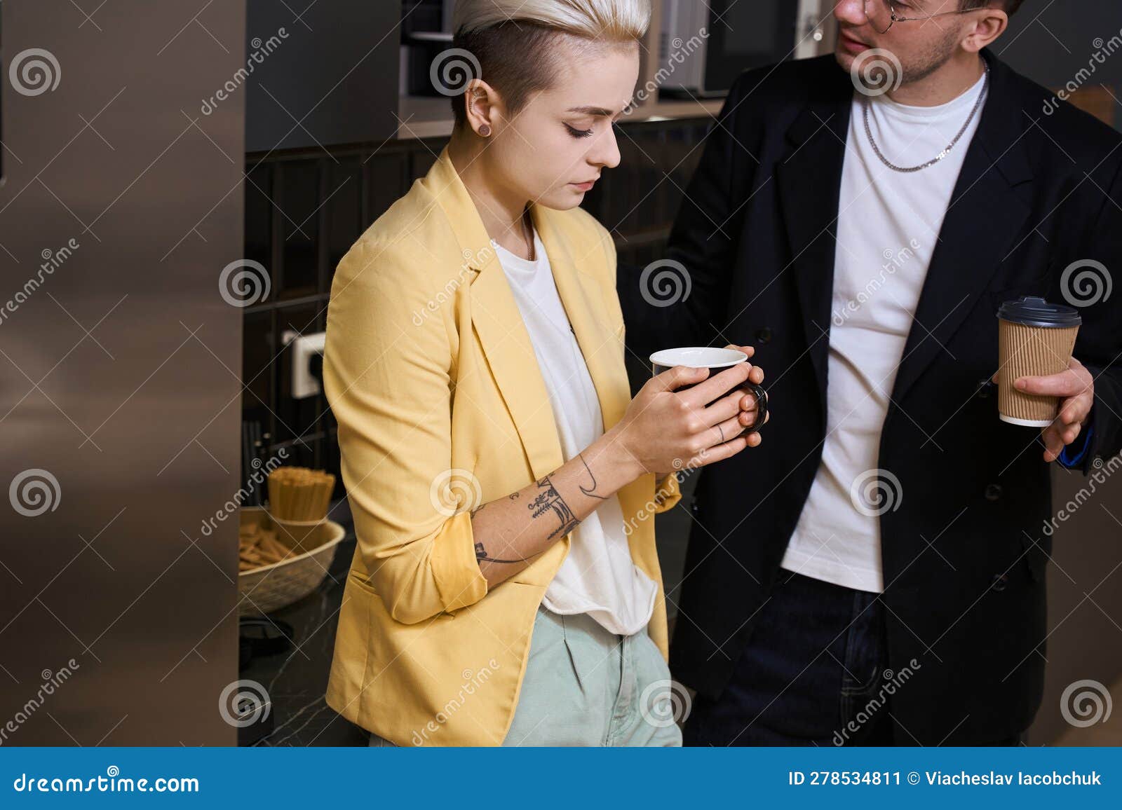 Workers Talking Drinking Coffee during Break in the Kitchen Stock Image ...