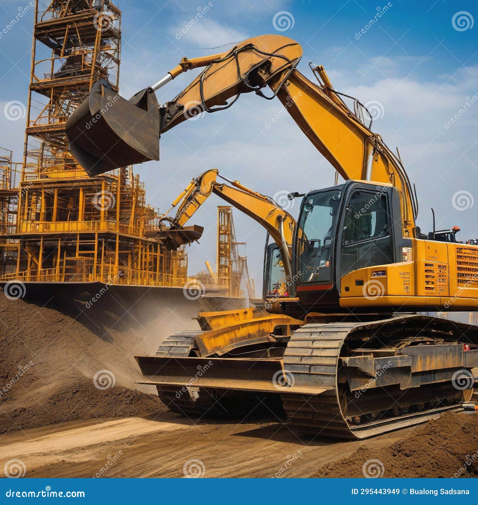Workers Operating Heavy Machinery in a Construction Site within the ...