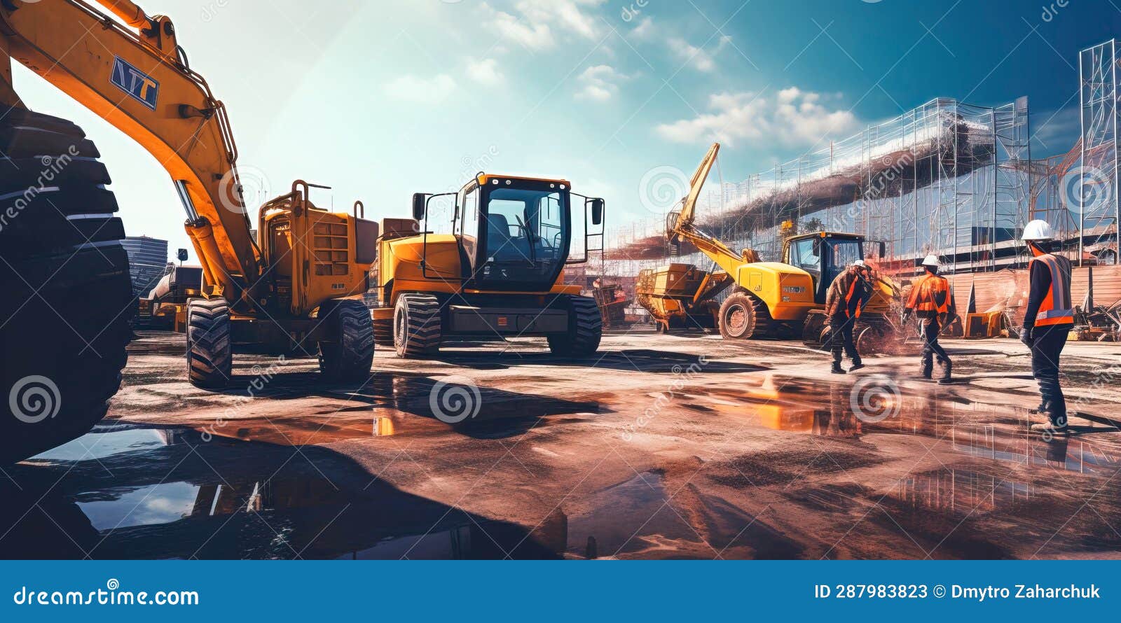 Workers Operating Heavy Machinery in a Construction Site within the ...