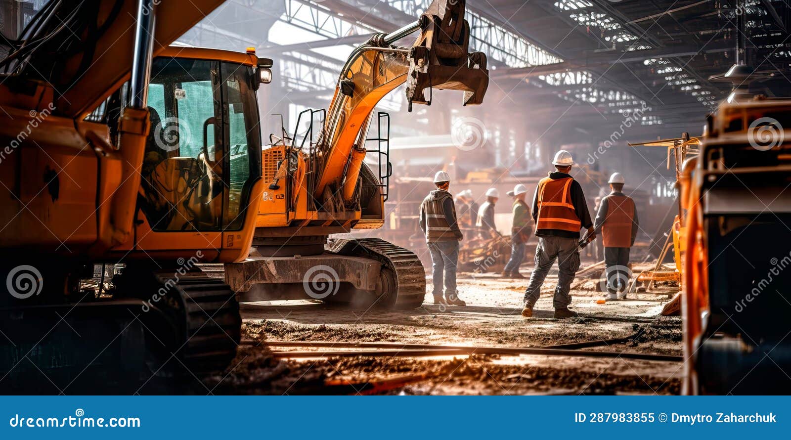Workers Operating Heavy Machinery in a Construction Site within the ...