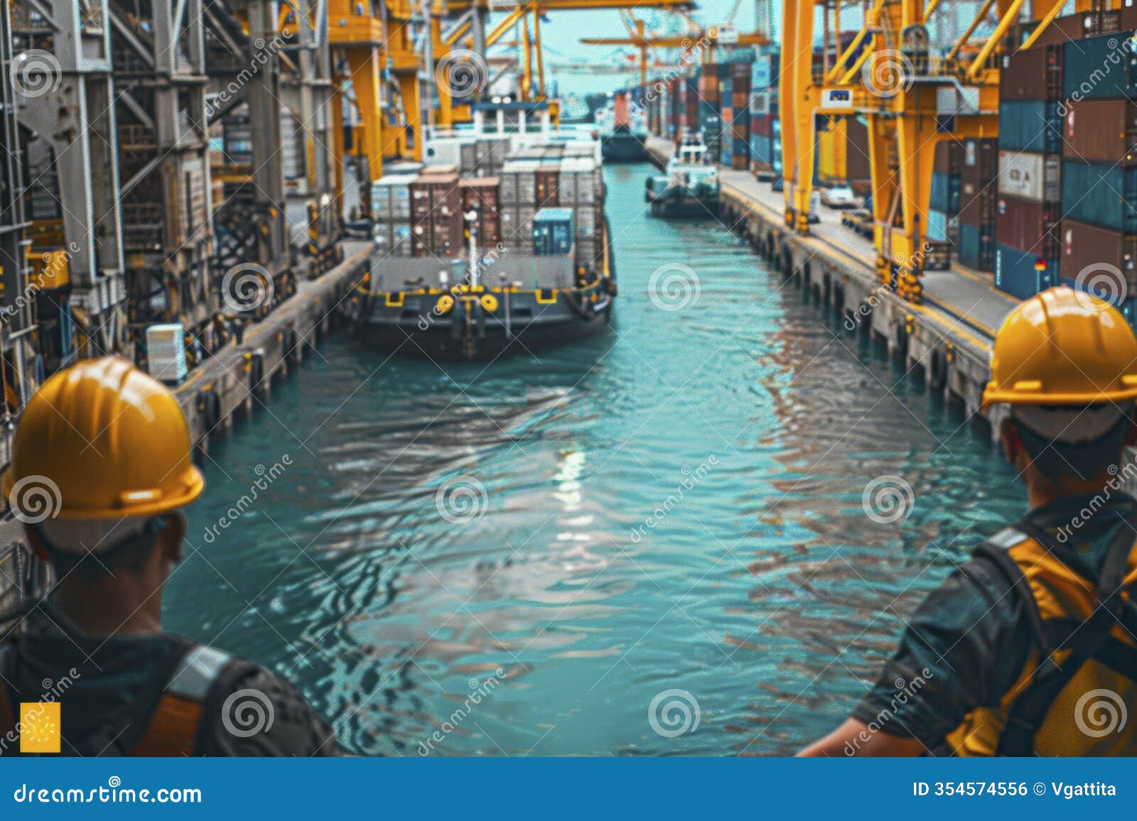 Workers Overseeing Busy Shipping Port Operations with Containers and ...