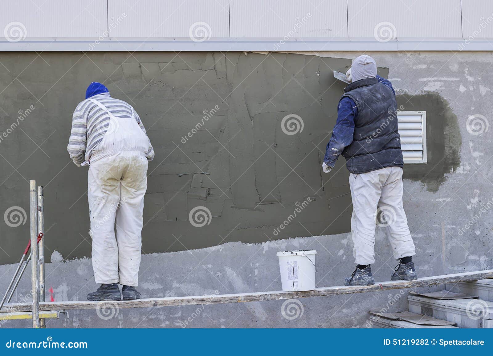 Workers Plastering a Outdoor Wall Stock Photo - Image of build, cement ...