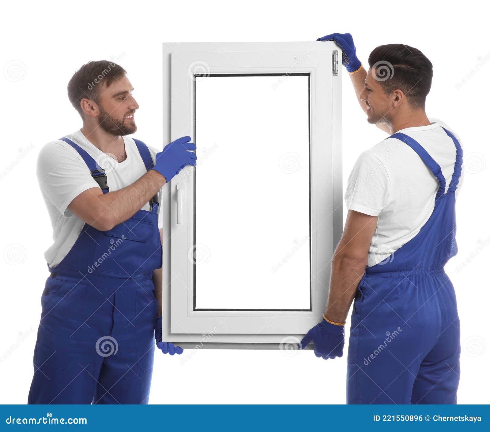 Workers with Plastic Window on White. Installation Service Stock Photo ...
