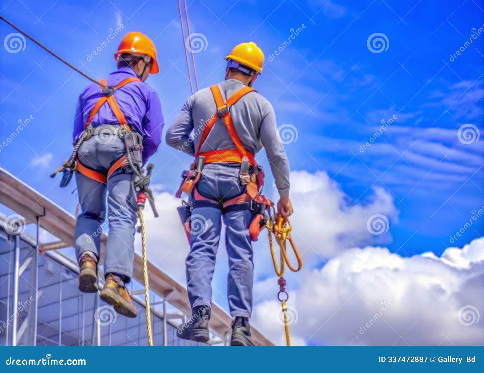 Workers Positioned at Height are Equipped with Safety Gear Stock ...