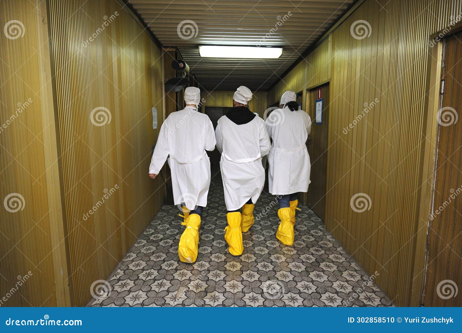 Workers in Protective Clothes Going Down the Passageway of the ...