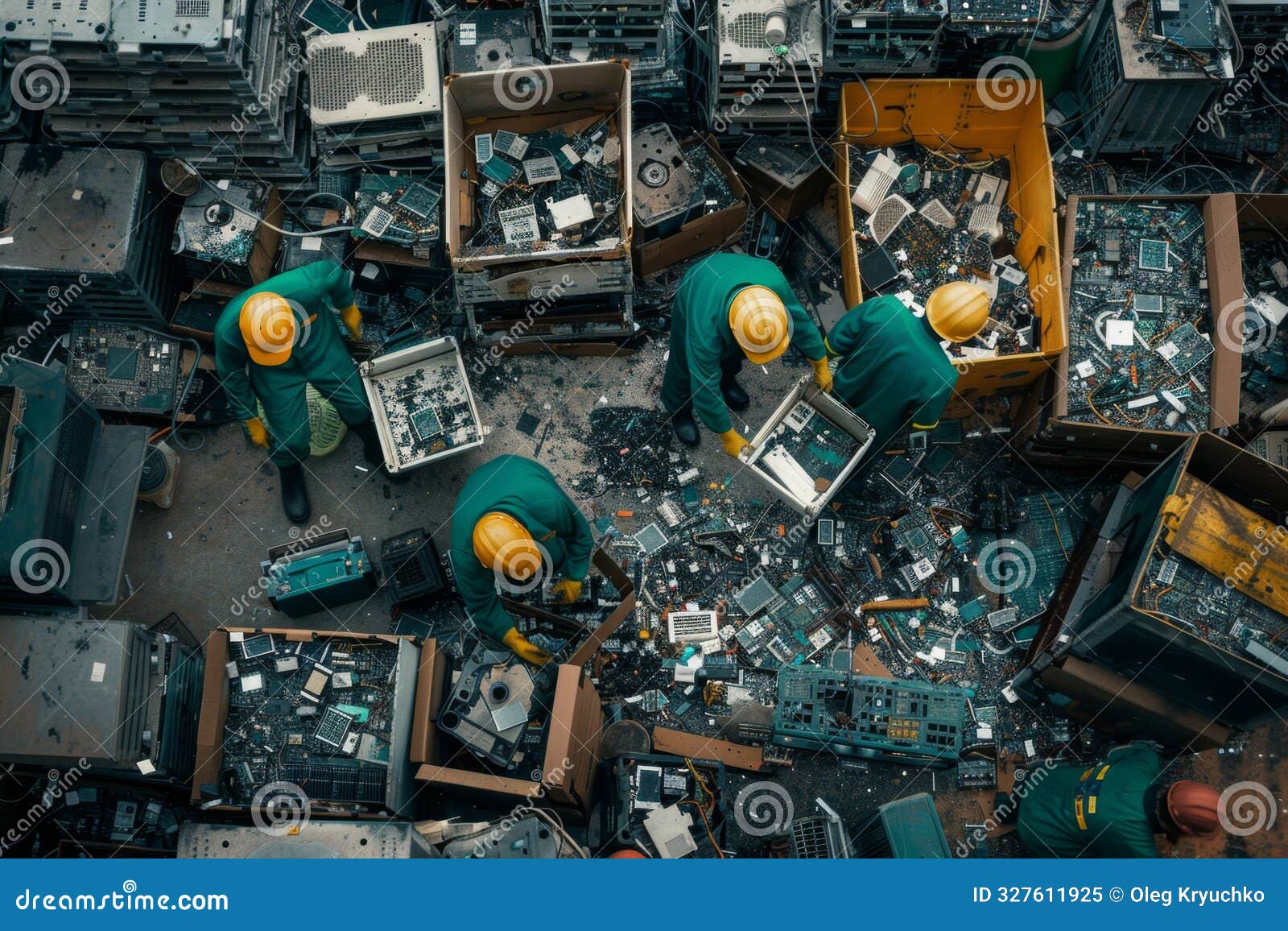 Workers in Protective Gear Sorting E-waste at Recycling Facility. High ...