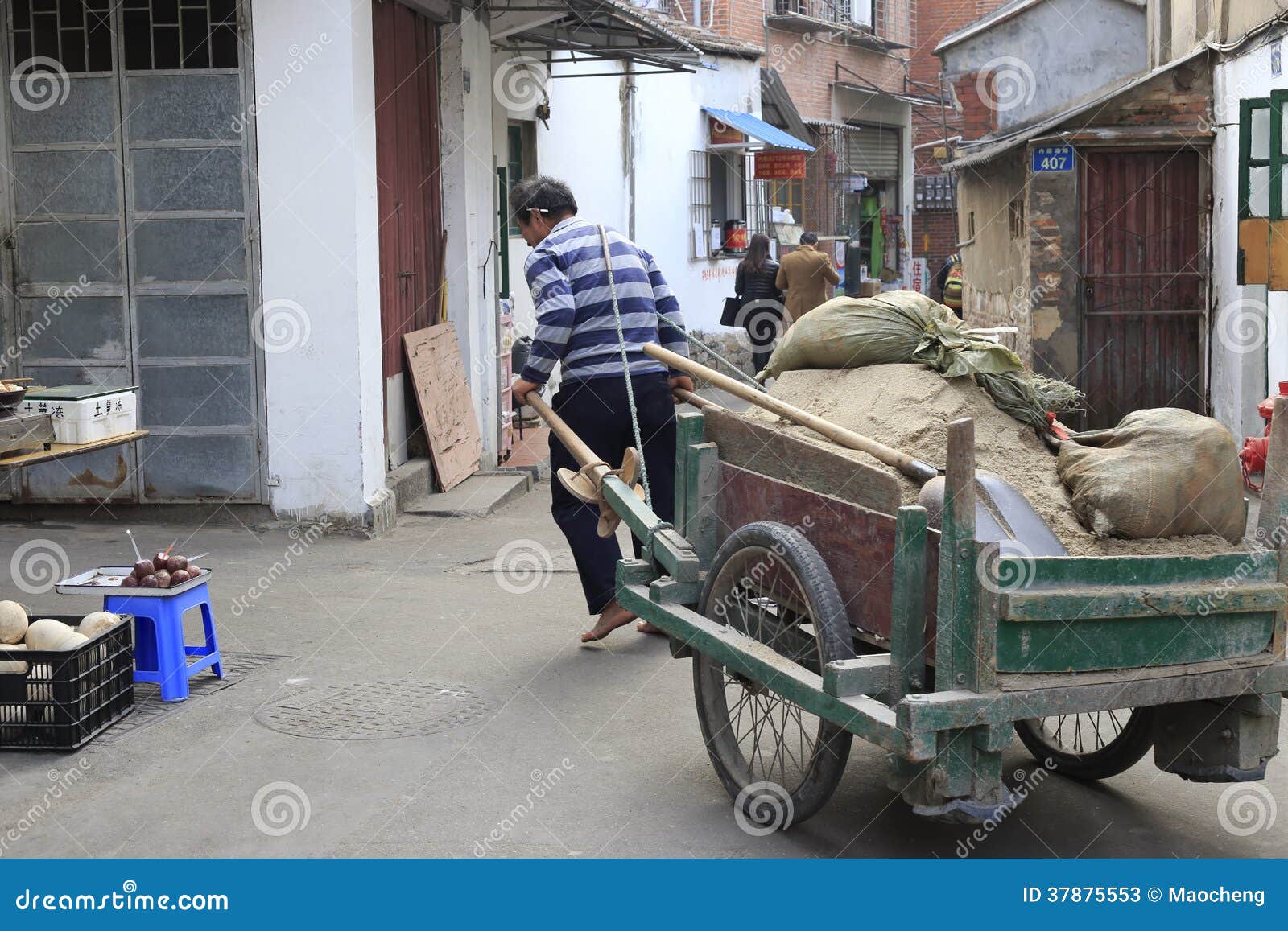 Workers Pull Wooden Handcart Editorial Stock Photo - Image of matera ...