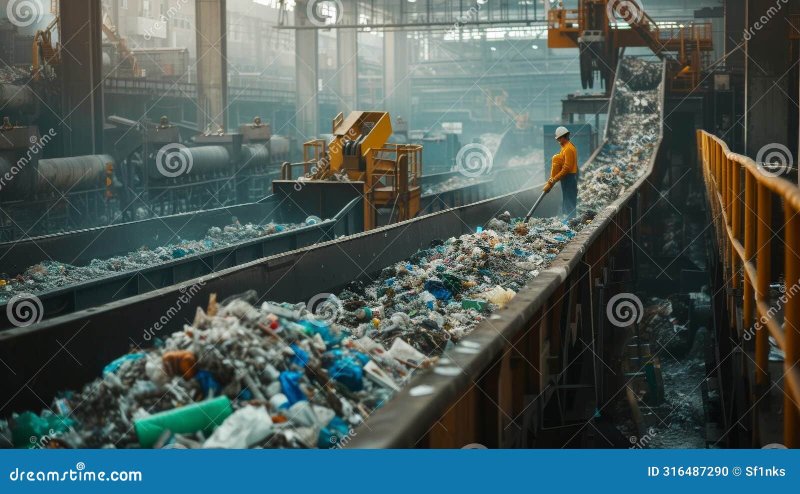 Workers in Reflective Vests Operating a Conveyor Belt System at a Waste ...