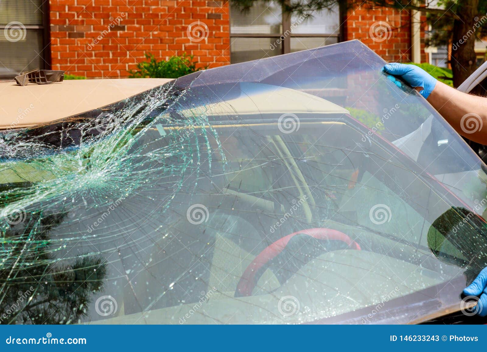Workers Remove Crashed Windshield of a Car in Auto Service Stock Image ...