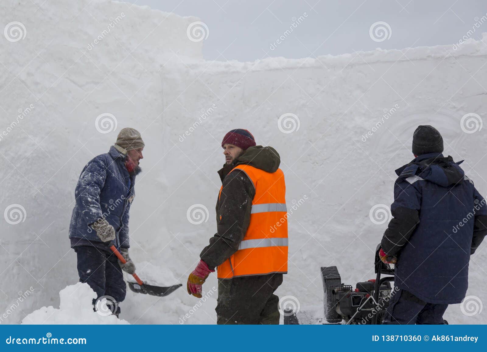 Three Workers in a Snowstorm during Snow Removal Stock Photo - Image of ...