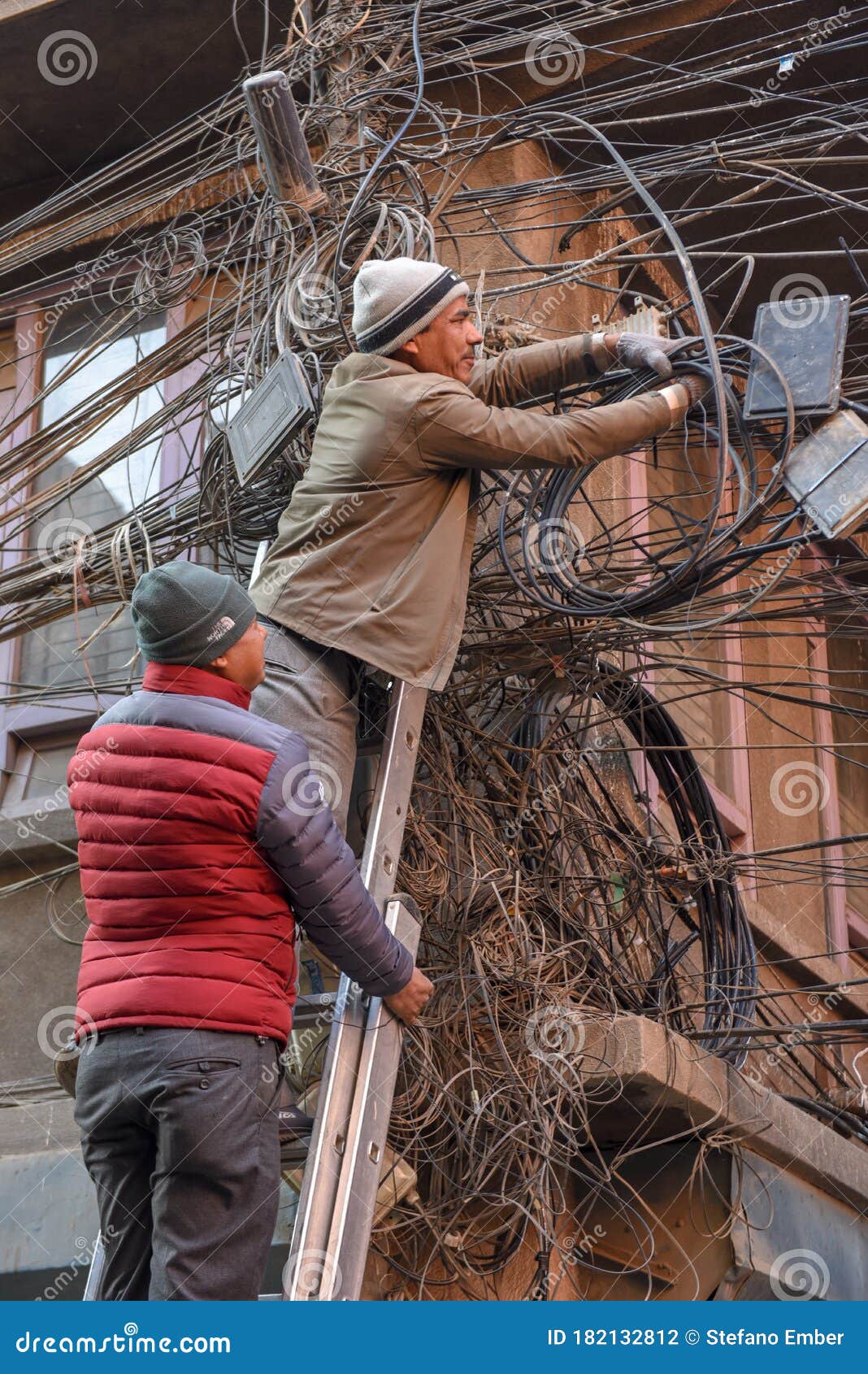 Workers Reparing a Multitude of Entangled Electrical Cables at Kathmandu on Nepal Editorial ...