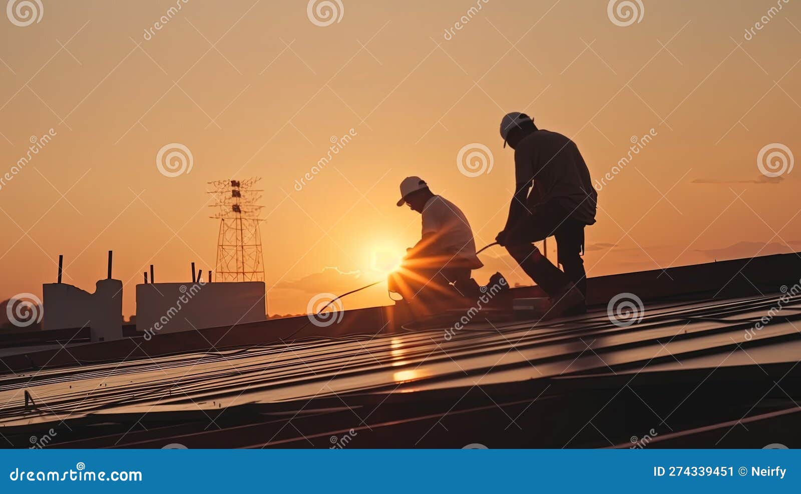 Workers on roof at sunset stock image. Image of professional - 274339451
