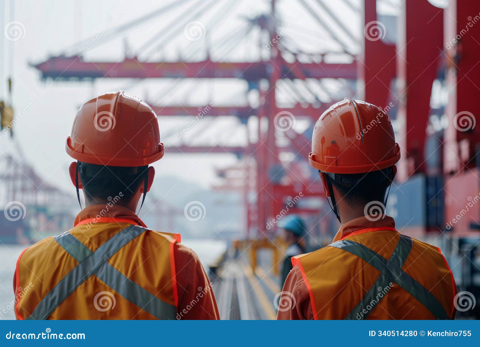 Workers in Safety Gear Observe Port Operations with Cranes in ...