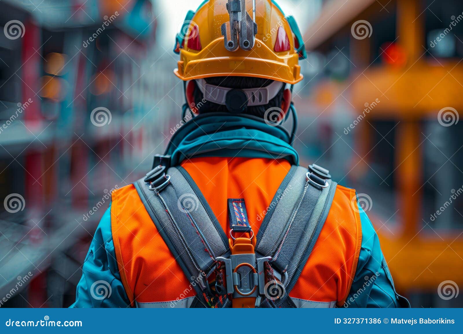 Workers in Safety Harnesses at Height Against Blurred Sky Background ...