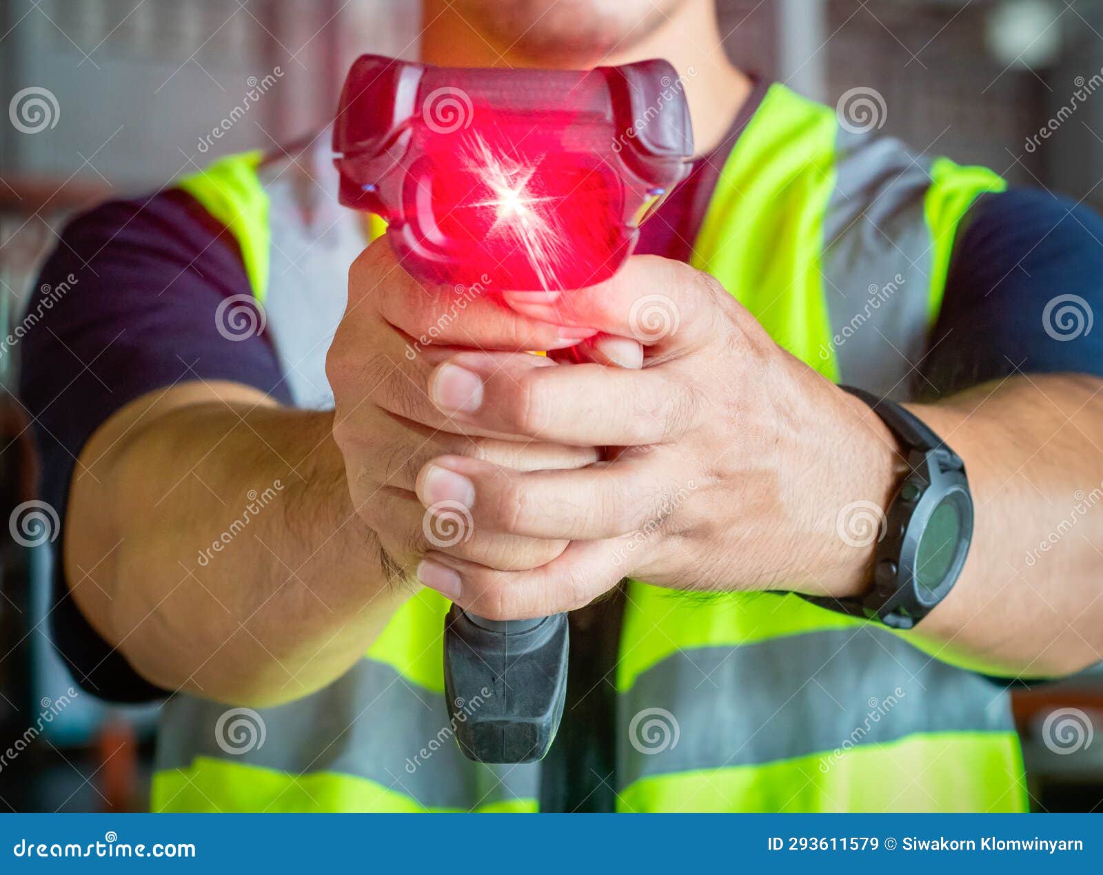Workers Scanning Bar Code with Rad Laser. Computer Mobile Work Tools ...