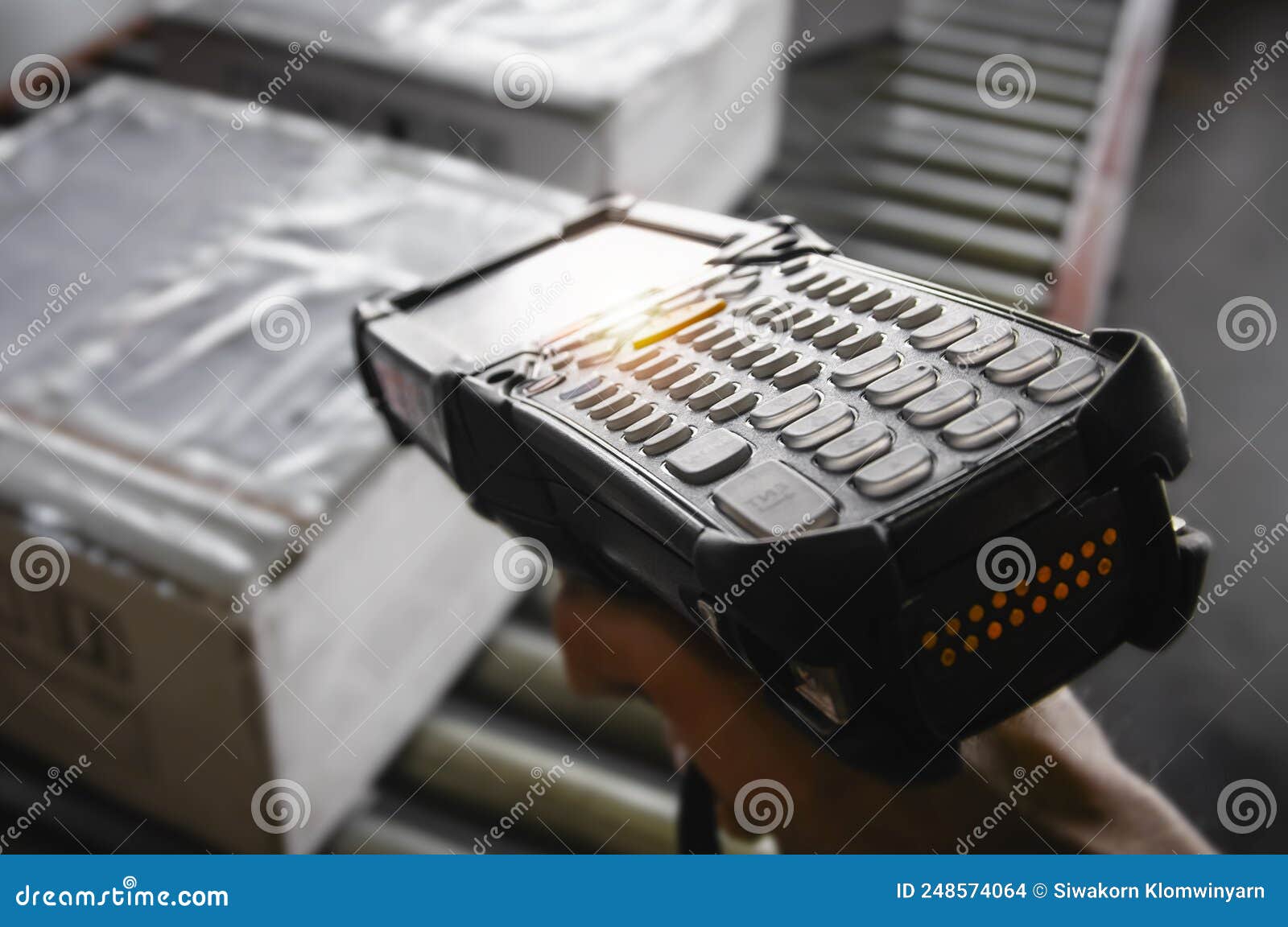 Workers Scanning Bar Code Scanner on Package Boxes on Conveyor Belt ...