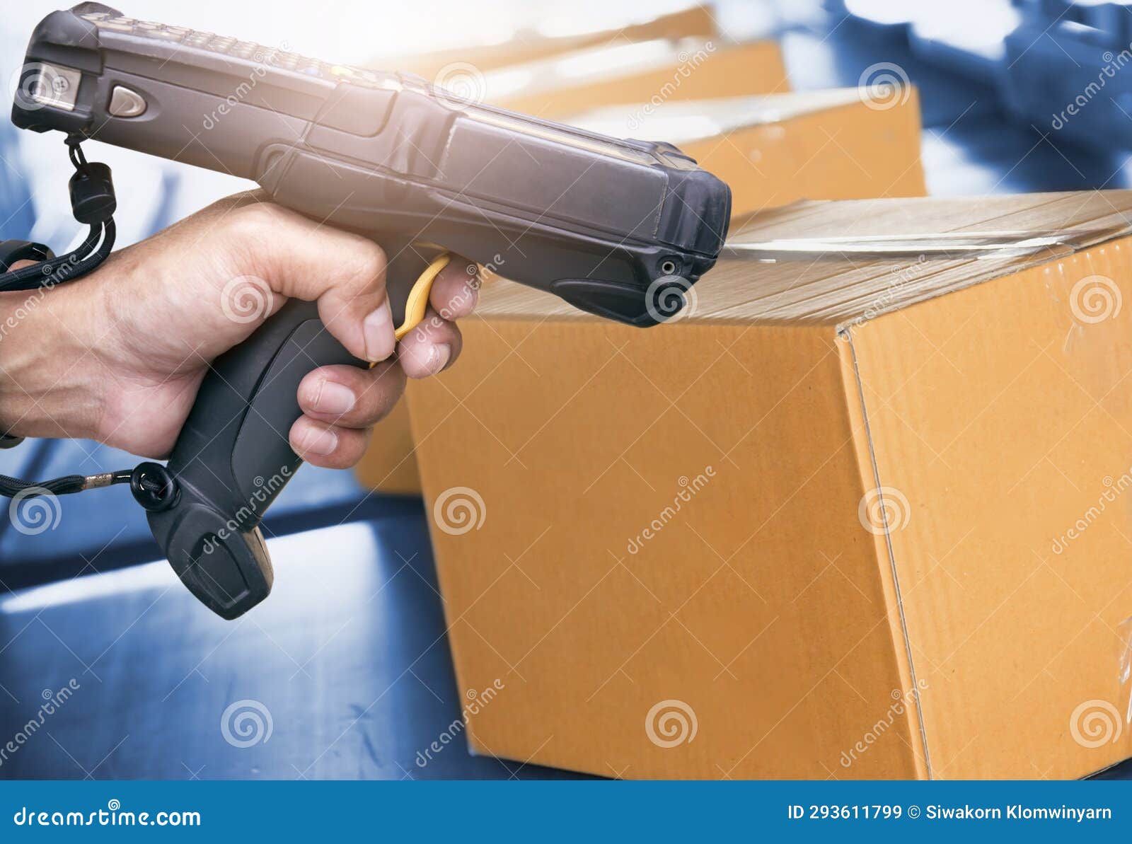 Workers Scanning Bar Code Scanner on Package Boxes. Shipment Boxes ...