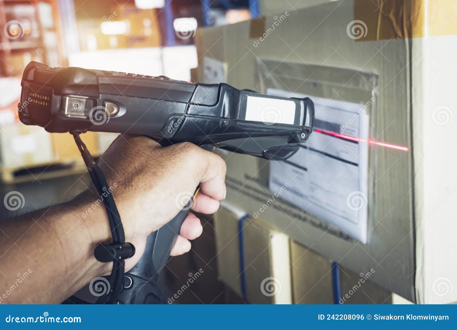 Workers Scanning Bar Code Scanner on Packaging Boxes. Computer Work ...
