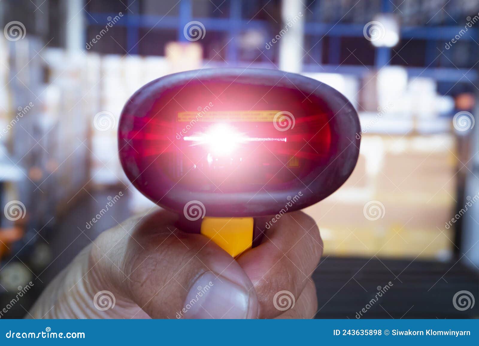 Workers Scanning Bar Code Scanner with Red Laser. Shipping Warehouse ...