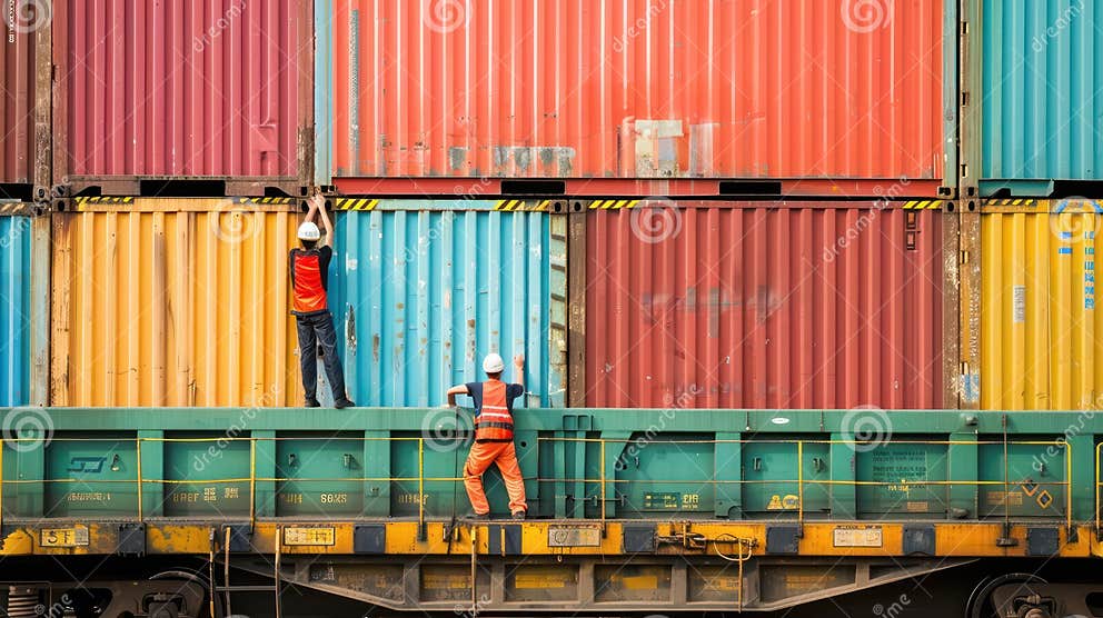 Workers Securing Cargo Containers Stock Illustration - Illustration of ...