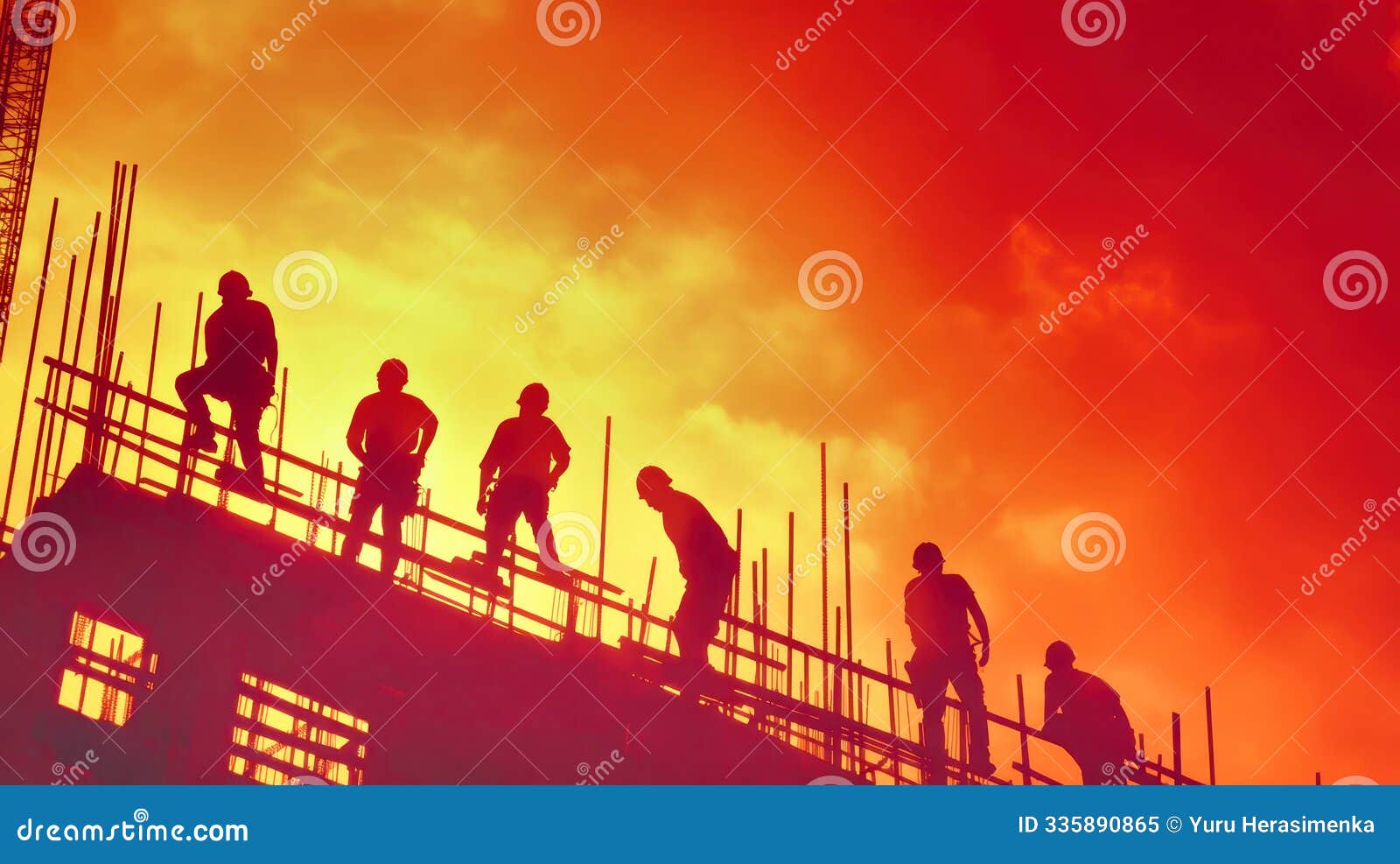 Workers Skillfully Assemble Steel Structures at High Altitude Against a ...