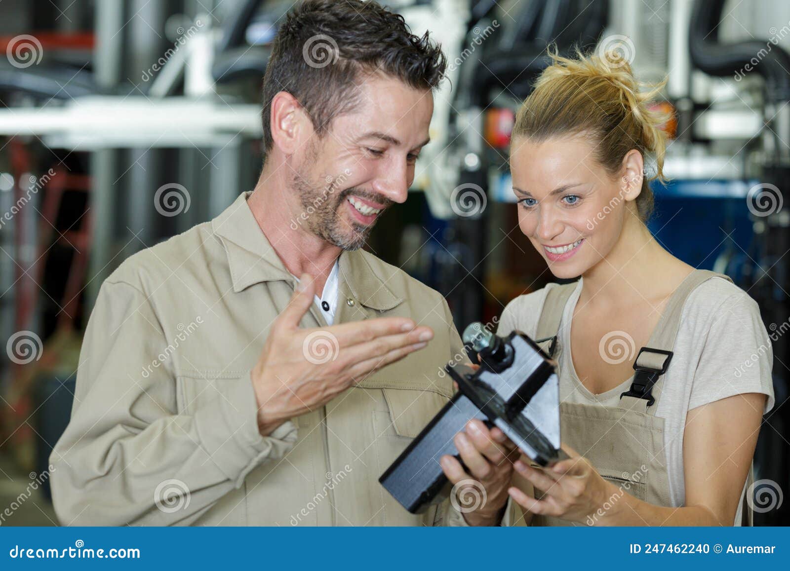Workers Smiling Holding Mechanical Parts Stock Photo - Image of engine ...