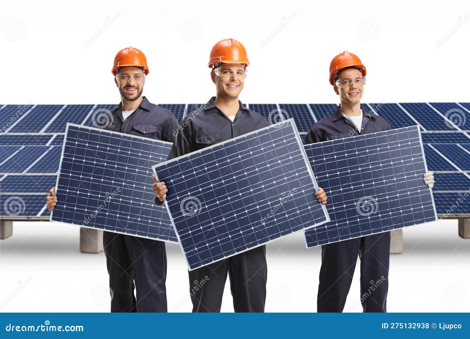 Workers at a Solar Farm Holding Panels and Looking at Camera Stock ...