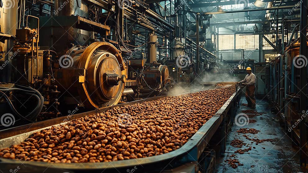 Workers Sorting Cacao Beans Inside Industrial Processing Plant for ...