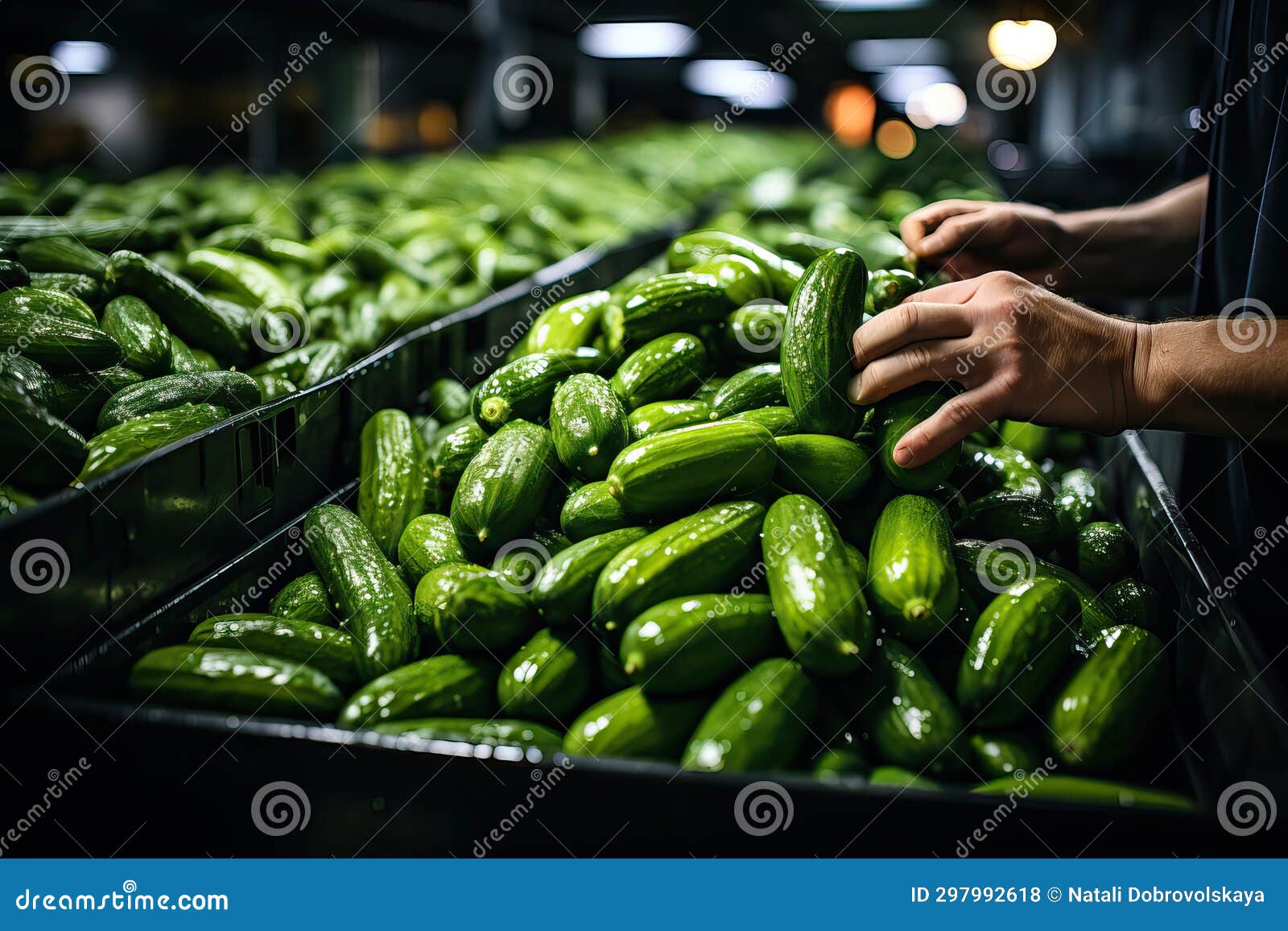 Workers Sorting Fresh Green Cucumbers on Conveyer Stock Photo - Image ...