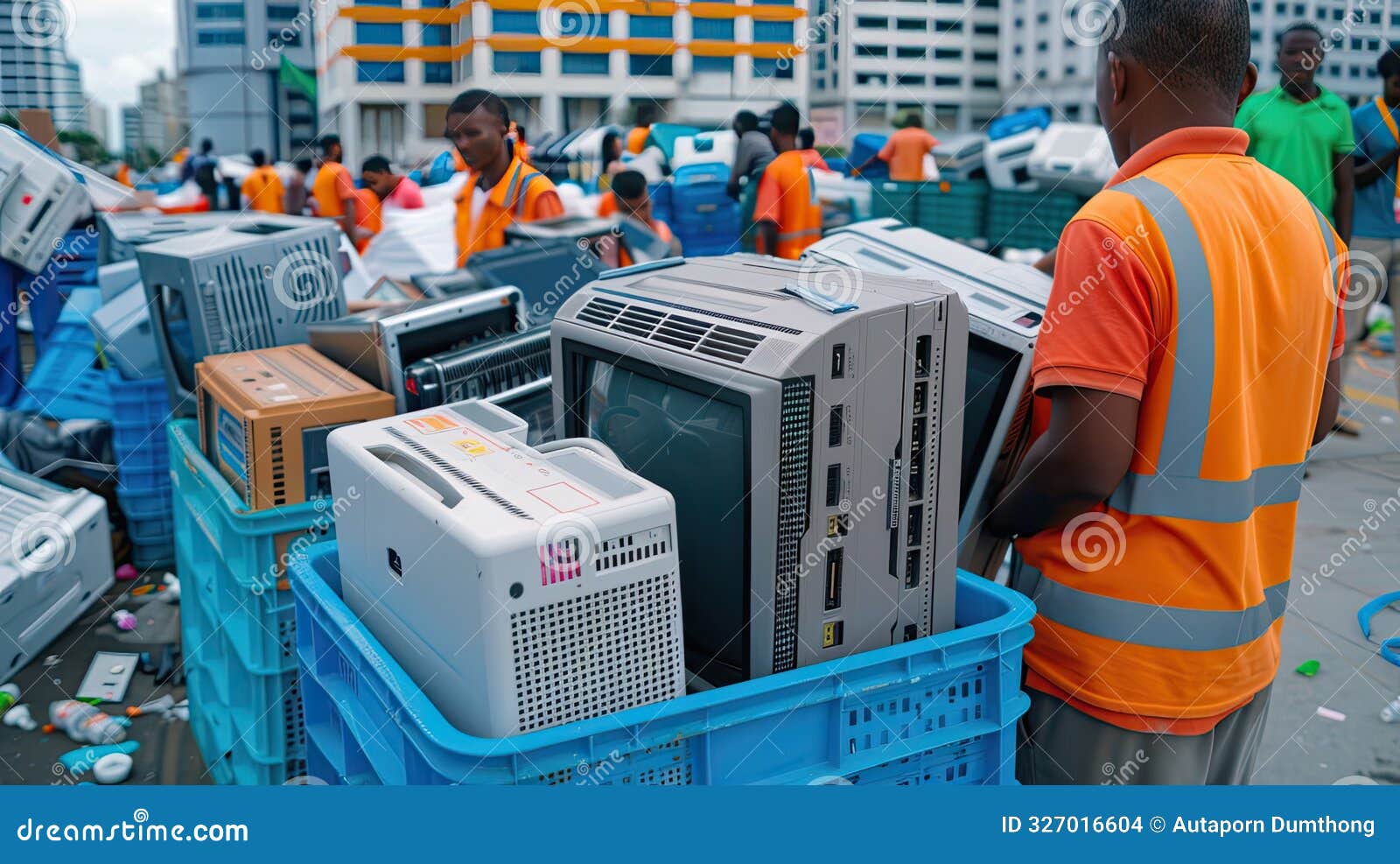 Workers Sorting Old Electronic Devices for Recycling at an Urban E ...