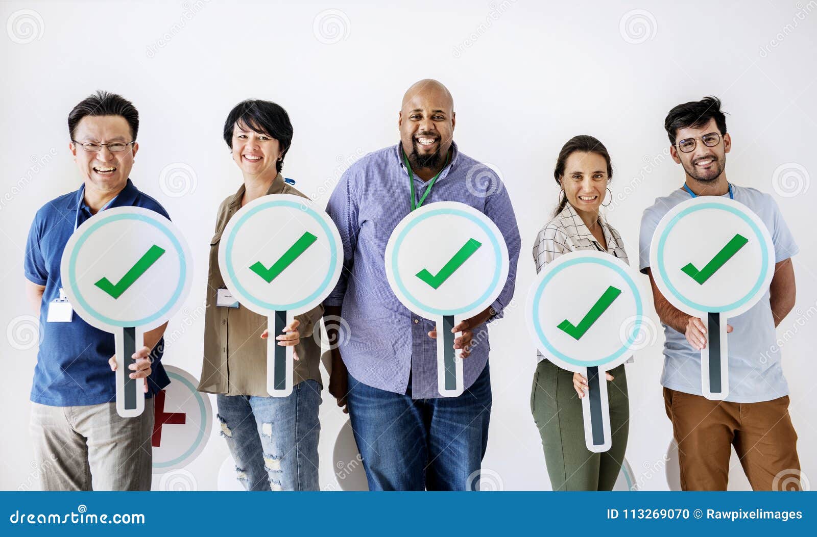 Workers Standing and Holding Correct Ticks Logos Stock Photo - Image of ...