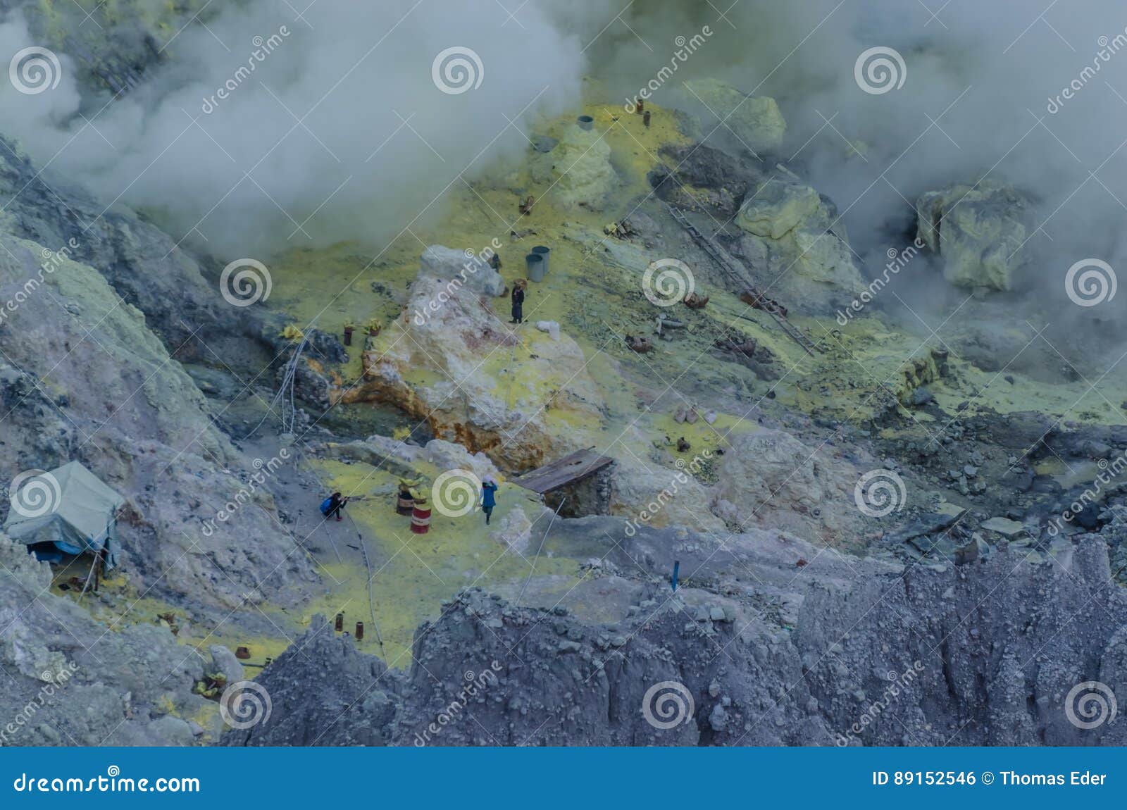 Workers at sulfur volcano stock photo. Image of freedom - 89152546