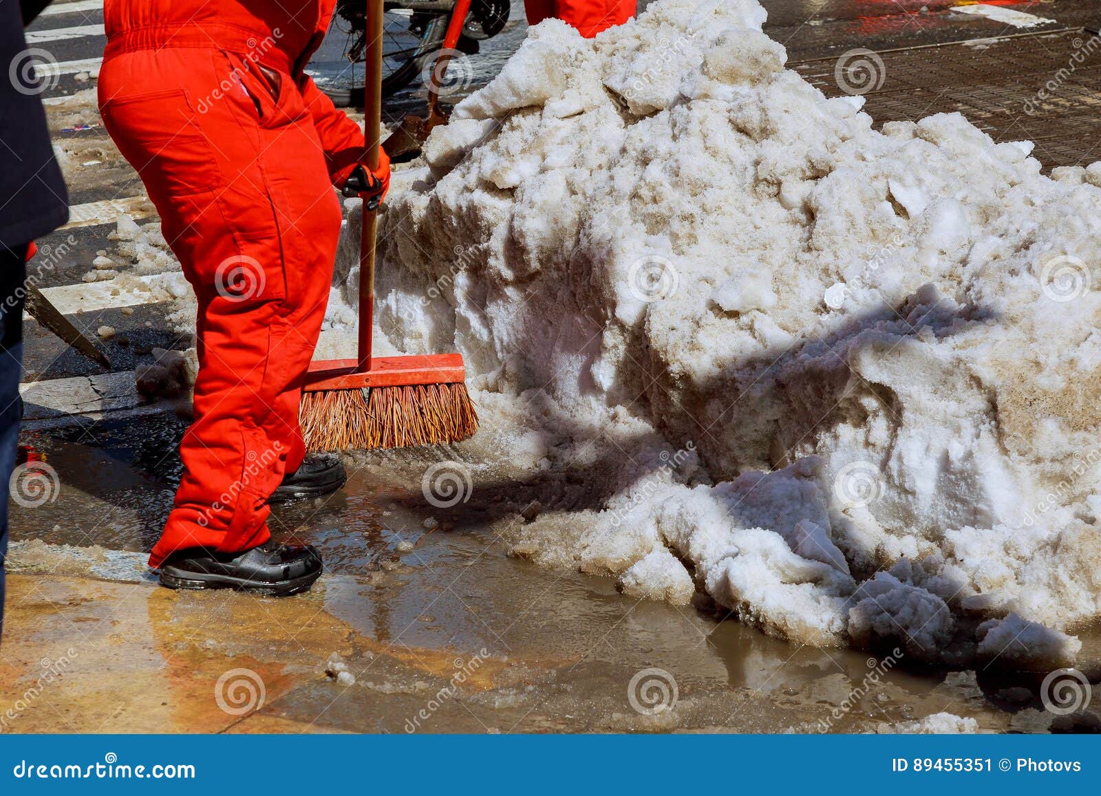 Workers Sweep Snow from Road in Winter. Cleaning Road from Snow Storm ...