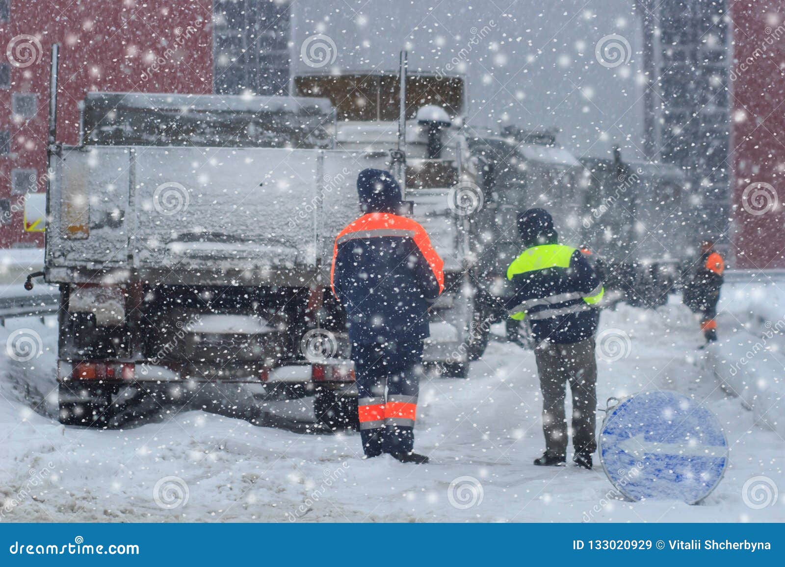 Workers Sweep Snow from Road in Winter, Cleaning Road from Snow Storm ...