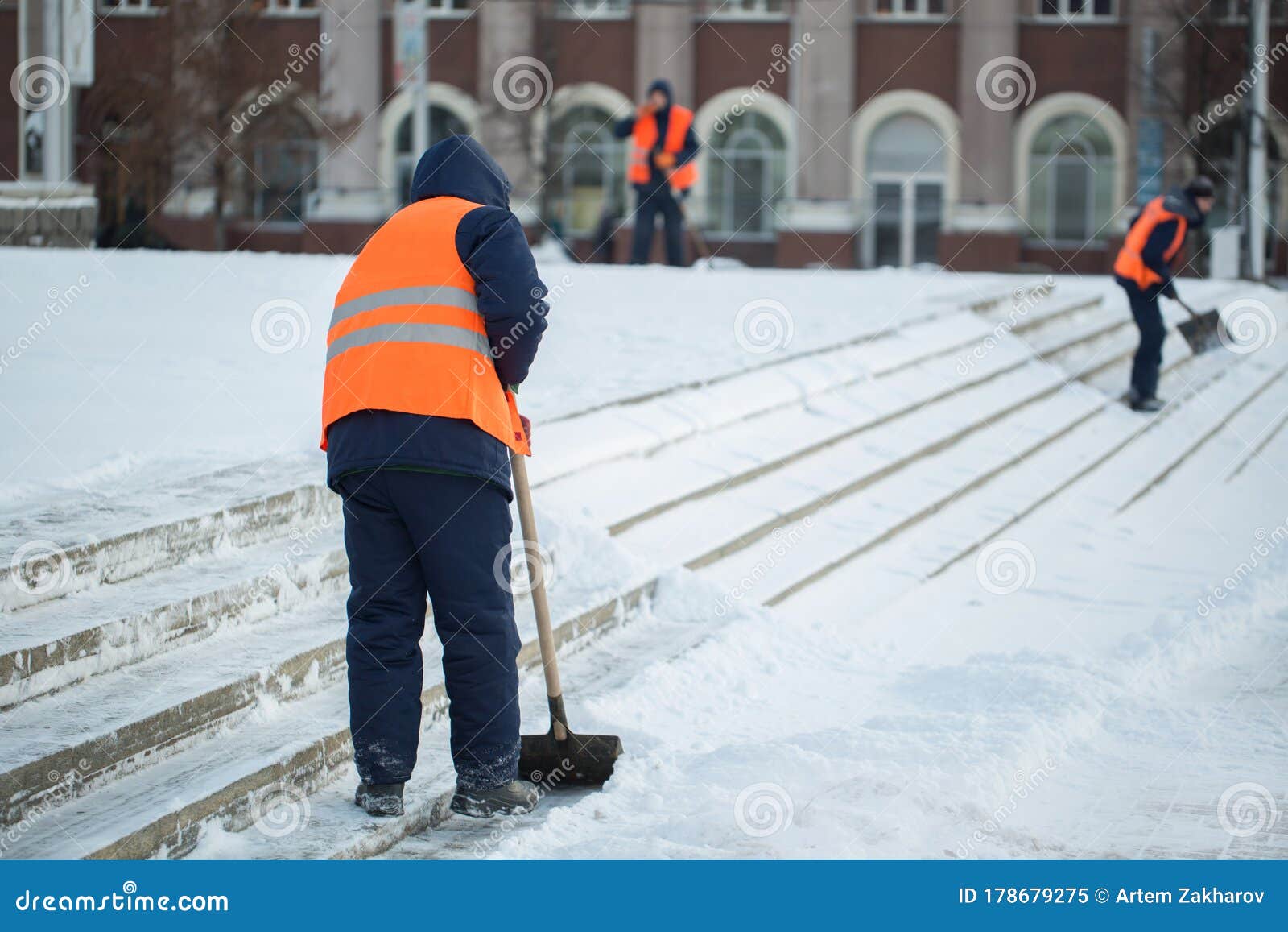 Workers Sweep Snow from Road in Winter, Cleaning Road from Snow Storm ...