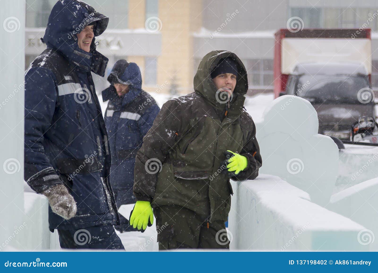 Workers Talk on the Construction Site of the Ice Town Stock Photo ...